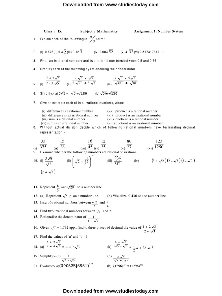 CBSE Class 9 Mathematics Worksheet | PDF | Numbers | Rational Number