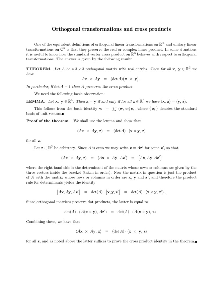 Orthogonal Transformations and Cross Products | PDF