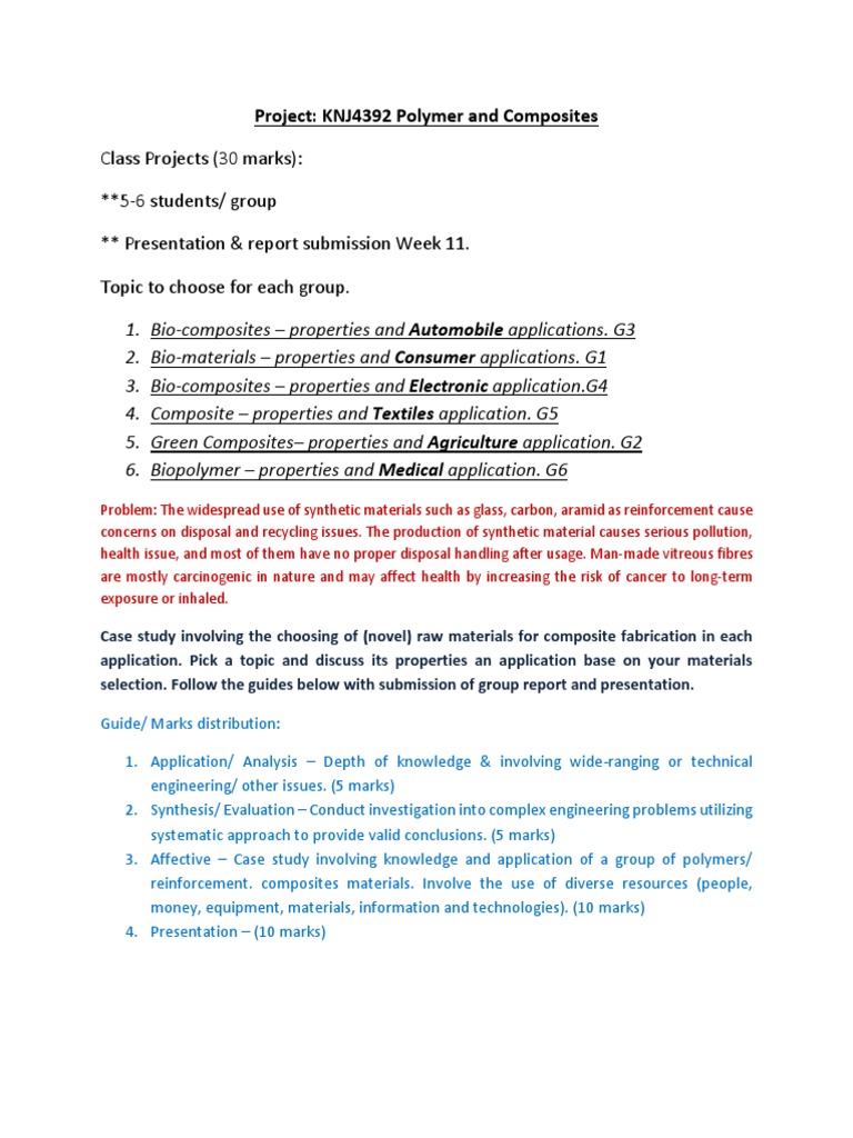 Class Projects (30 Marks) : 5-6 Students/ Group Presentation & Report ...