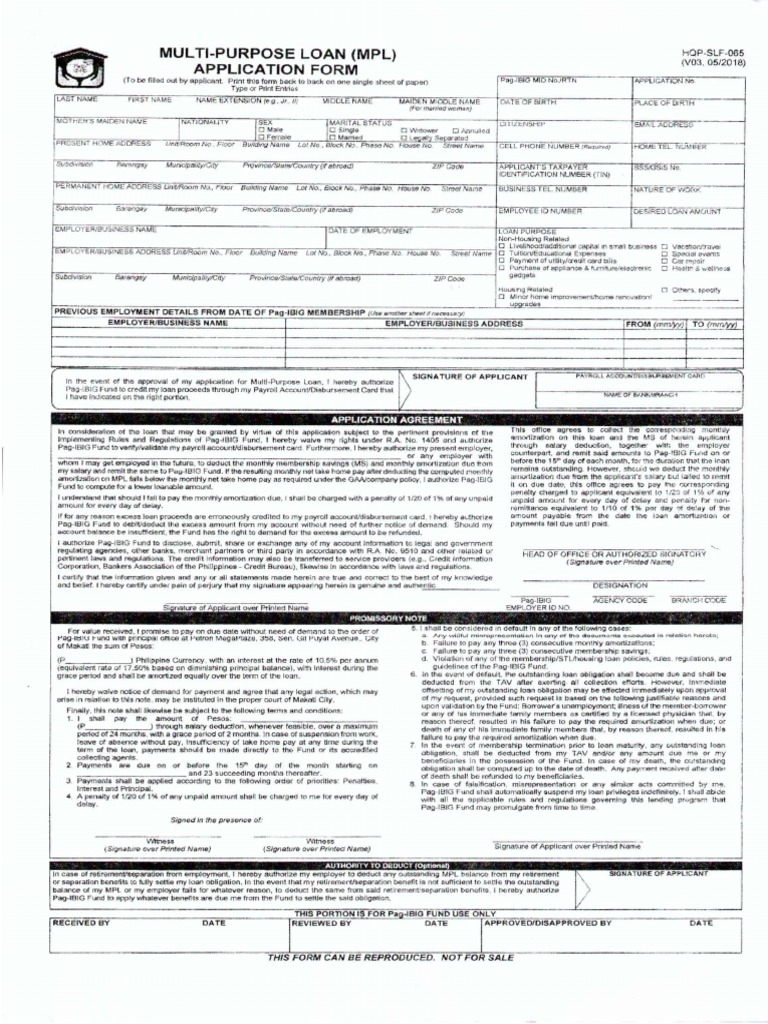 Multi-Purpose Loan Application Form (MPLAF) PDF | PDF