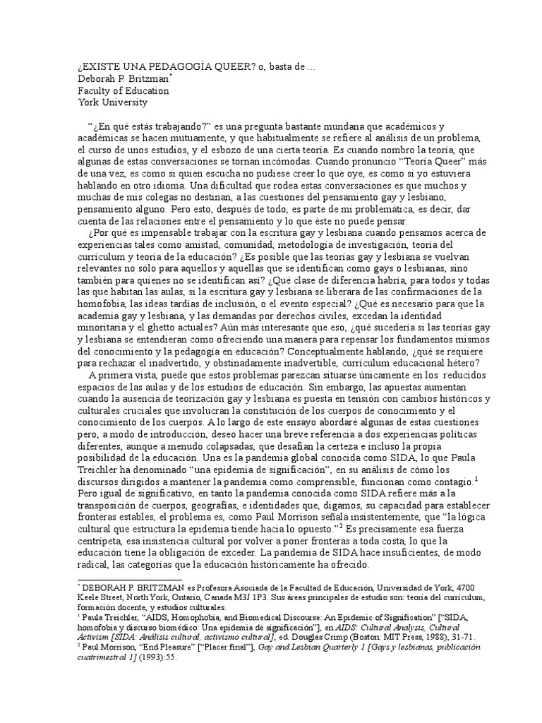 ¿EXISTE UNA PEDAGOGÍA QUEER? O, Basta de ... Deborah P. Britzman | PDF ...