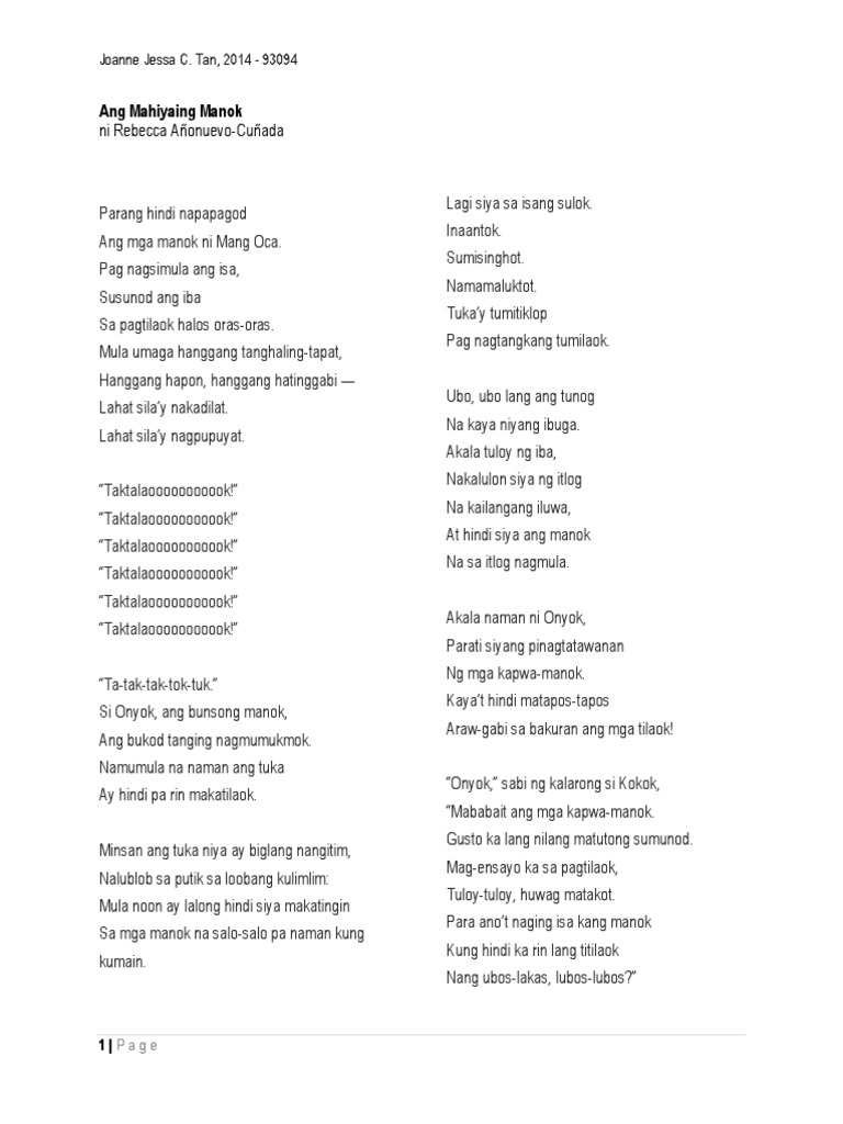 Ang Mahiyaing Manok - Joanne Jessa C. Tan | PDF