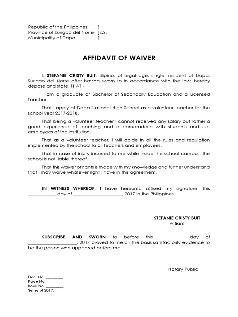 Affidavit of Waiver: IN WITNESS WHEREOF, I Have Hereunto Affixed My ...