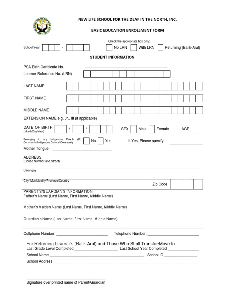 Basic Education Enrollment Form | PDF