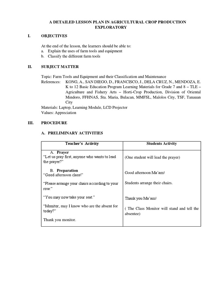 A Detailed Lesson Plan In Agricultural Crop Production Exploratory I ...