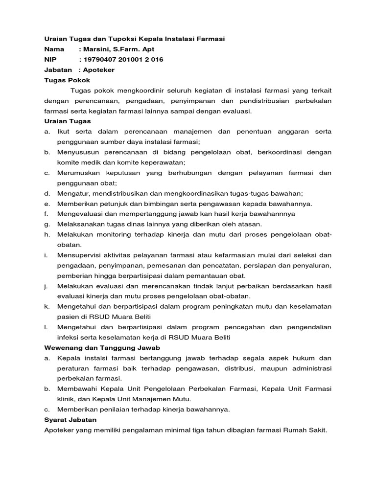 Uraian Tugas Dan Tupoksi Kepala Instalasi Farmasi | PDF