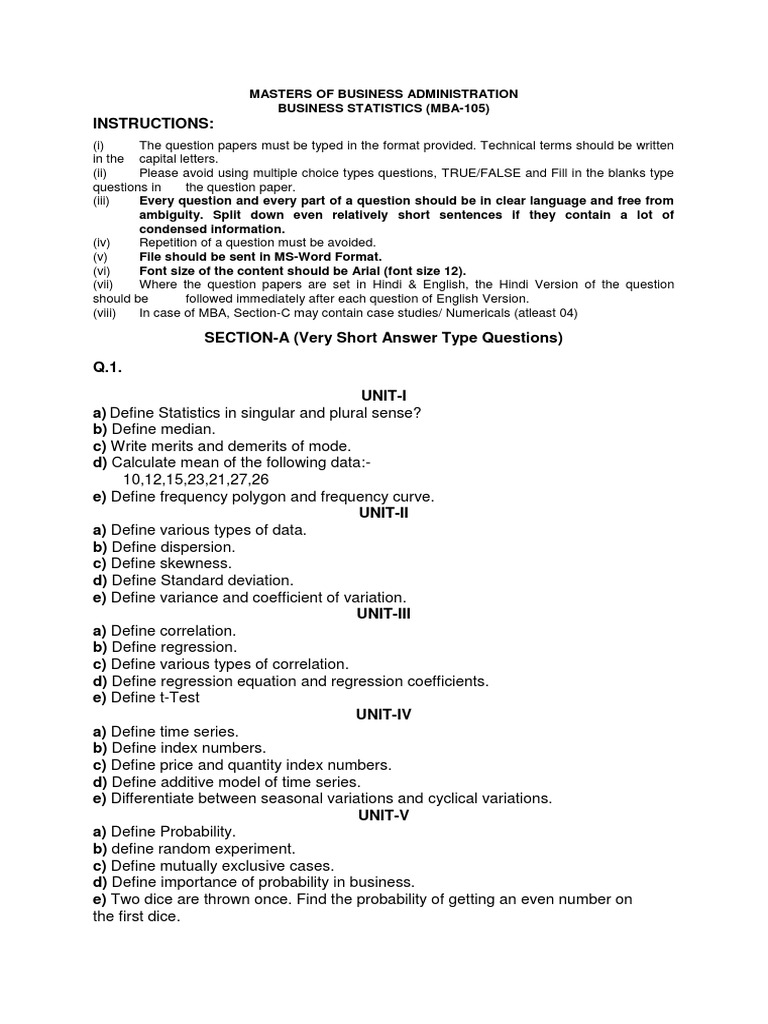 Model Paper of Business Statics MBA | PDF | Correlation And Dependence ...