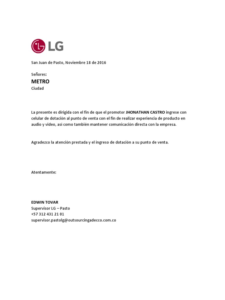 Autorización de Ingreso para Promotor LG | PDF