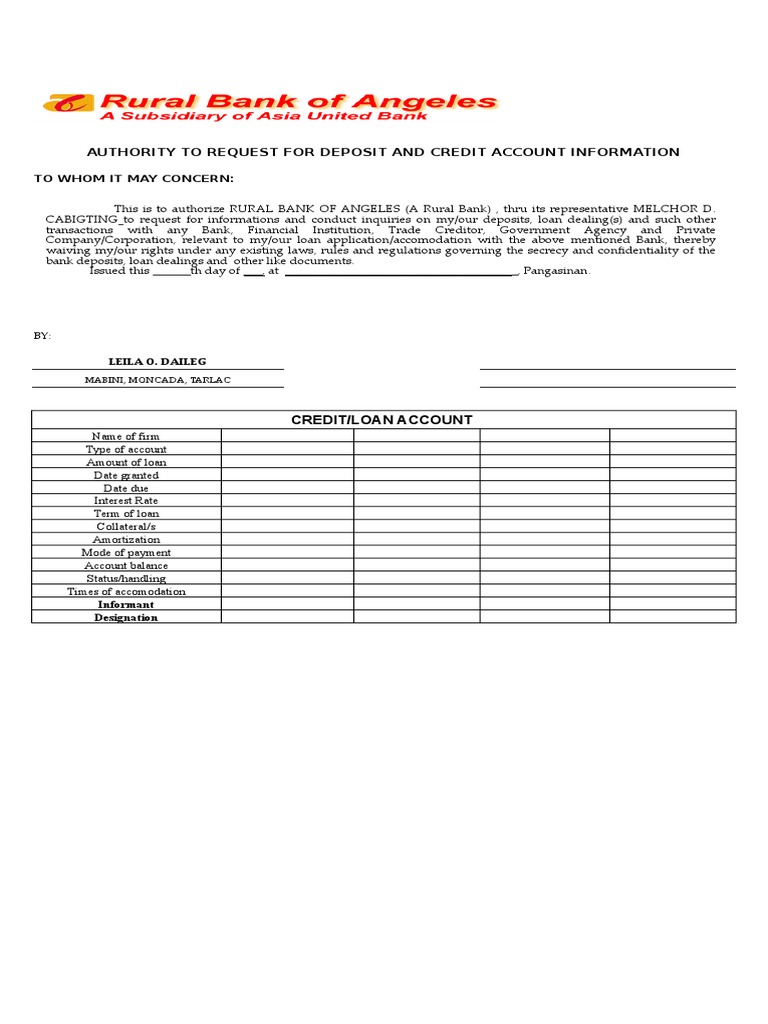 Authority To Request For Deposit and Credit Account Information | PDF ...