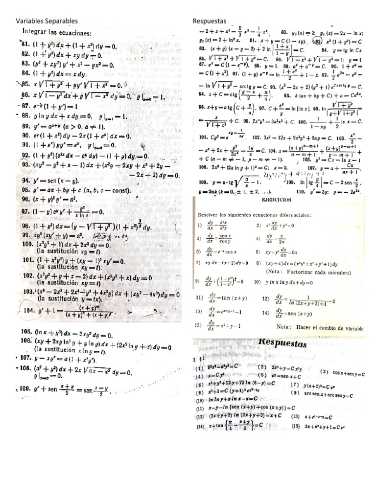 Ejercicios Variables Separables y Homogeneas | PDF