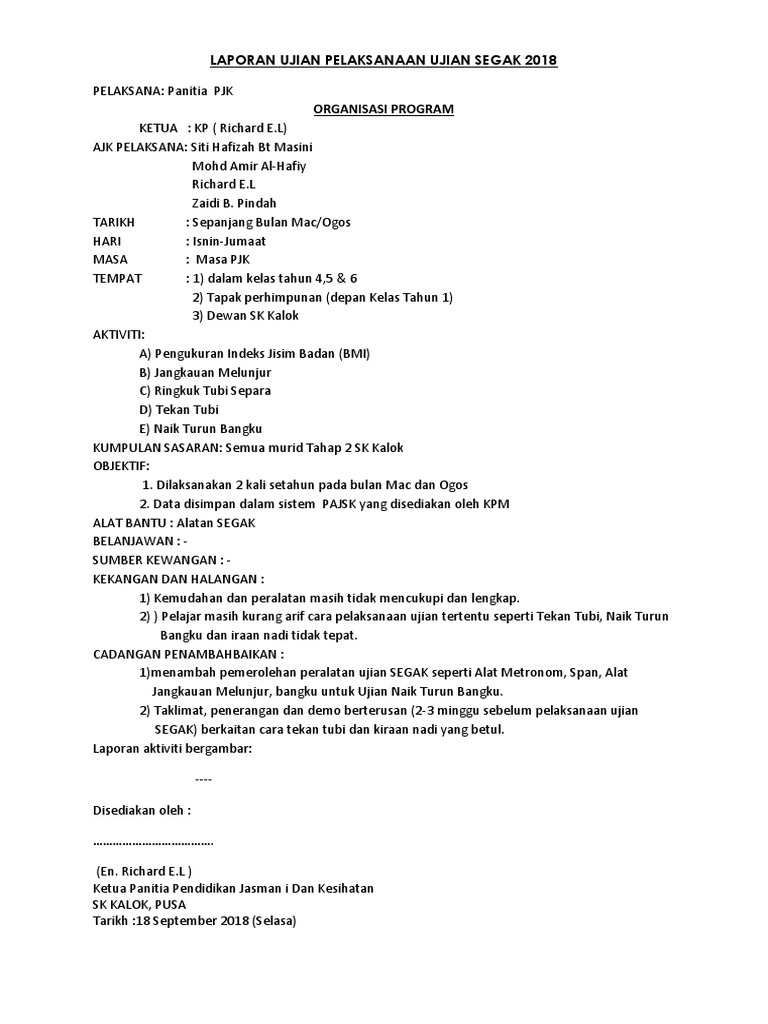 Laporan Ujian Pelaksanaan Ujian Segak 2018 | PDF