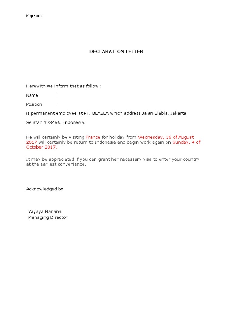DECLARATION LETTER - Vacation | PDF