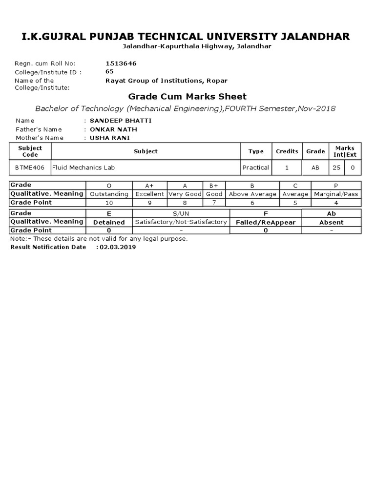 PTU Mechanical Engineering Grade Sheet | PDF