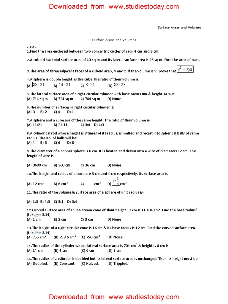 CBSE Class 9 Mathematics Worksheet - Surface Areas and Volumes | PDF ...