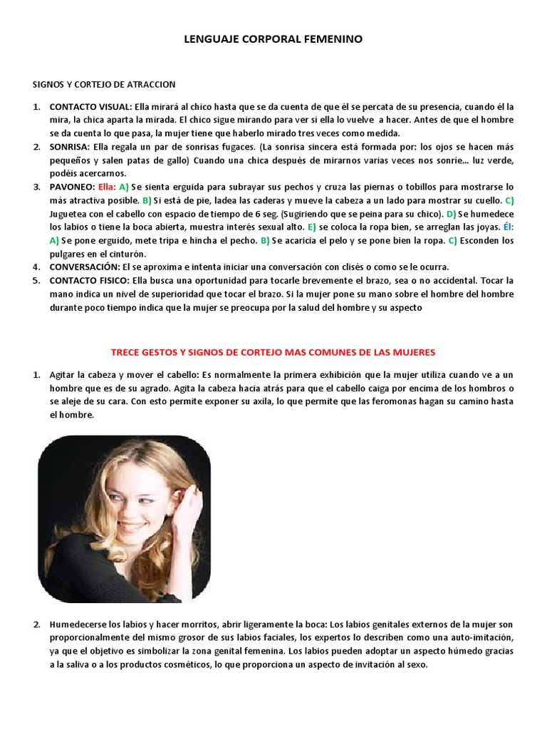 Lenguaje corporal femenino: 13 gestos de cortejo | PDF | Mujer | Amor