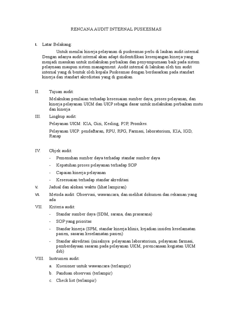 Contoh Rencana Audit Internal Puskesmas | PDF