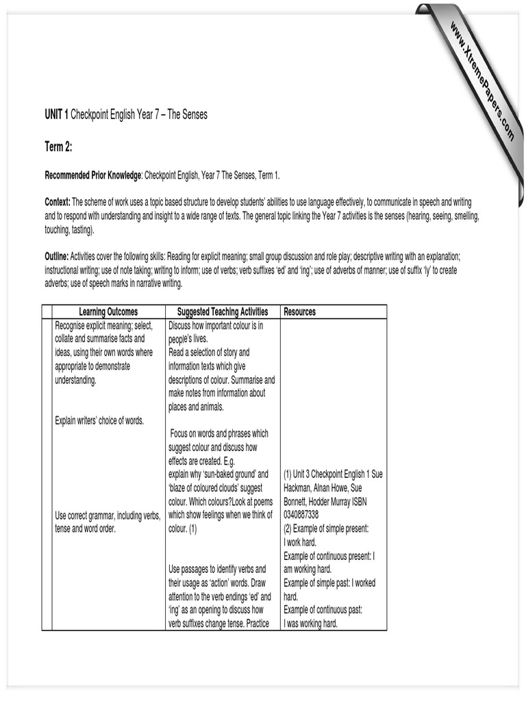 UNIT 1 Checkpoint English Year 7 - The Senses Term 2 | PDF | Taste ...