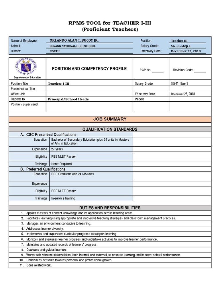Rpms Tool For Teacher I-Iii (Proficient Teachers) : Position and ...