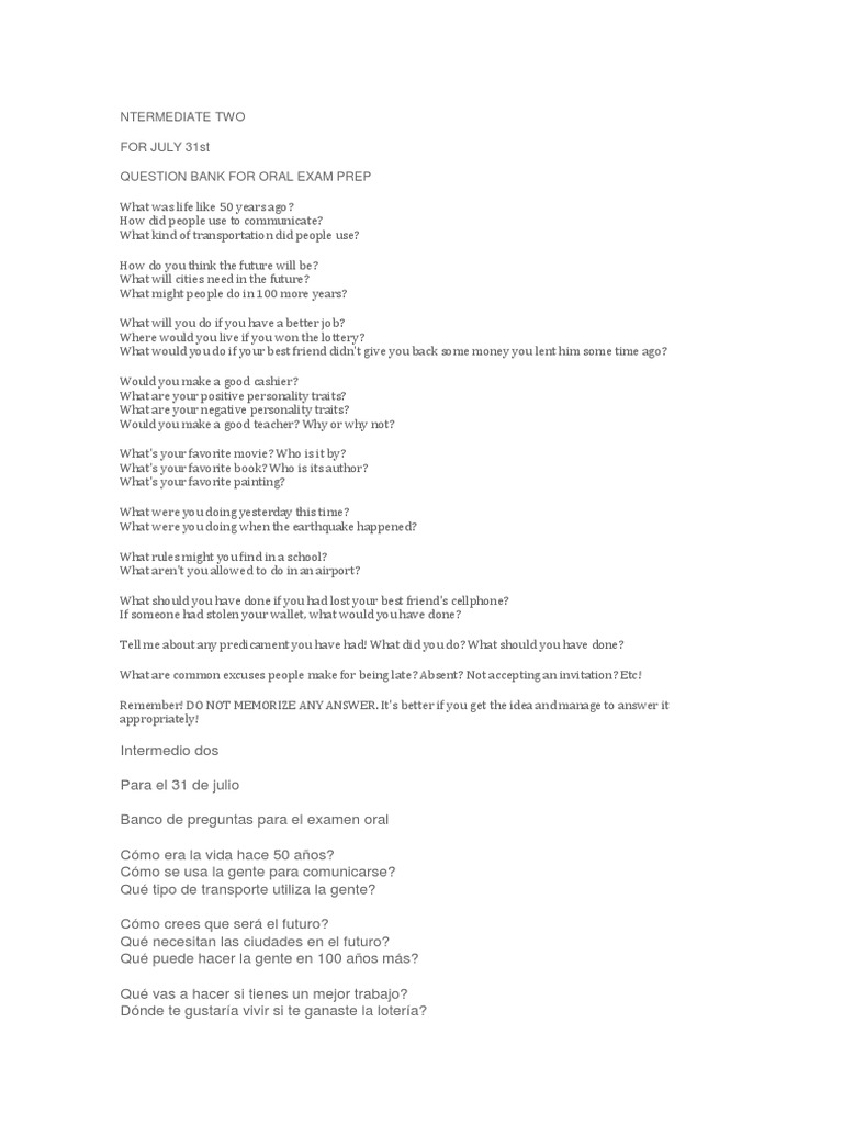 Preguntas para examen oral Intermedio II | PDF | Ocio
