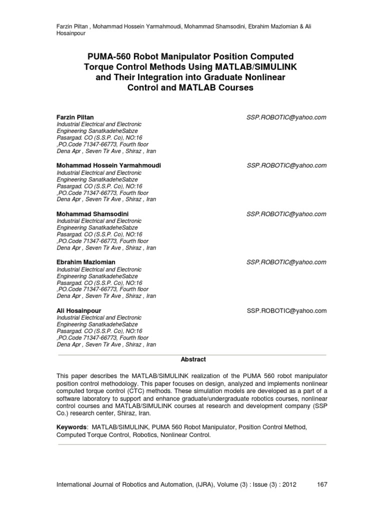 PUMA-560 Robot Manipulator Position Comp PDF | PDF | Control Theory ...