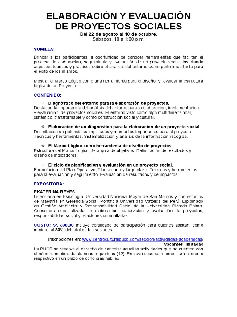 Syllabus Elaboracion y Evaluacion de Proyectos Sociales | PDF