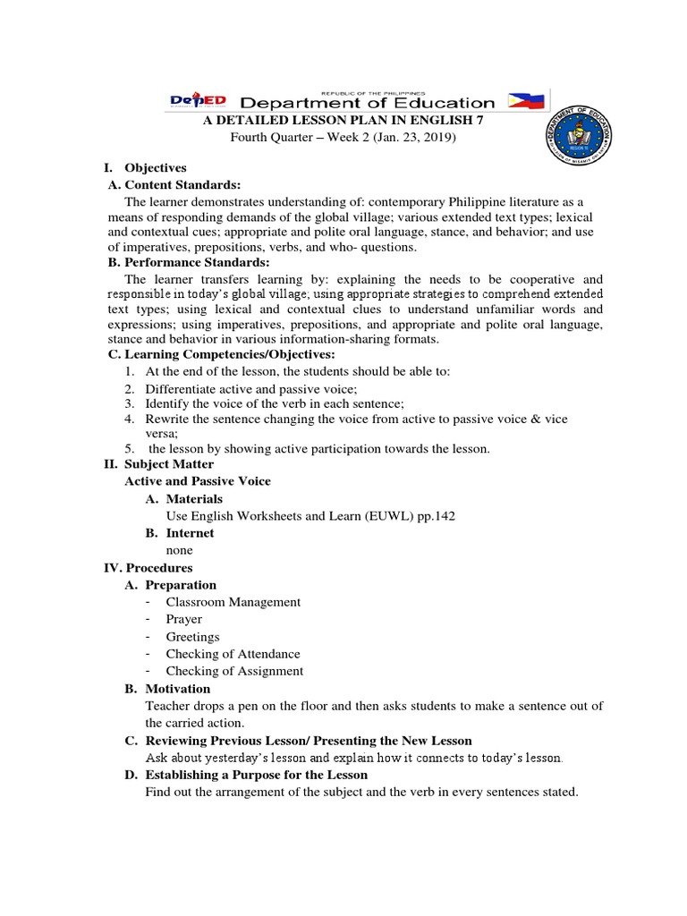 Active and Passive Voice | PDF | Lesson Plan | Subject (Grammar)