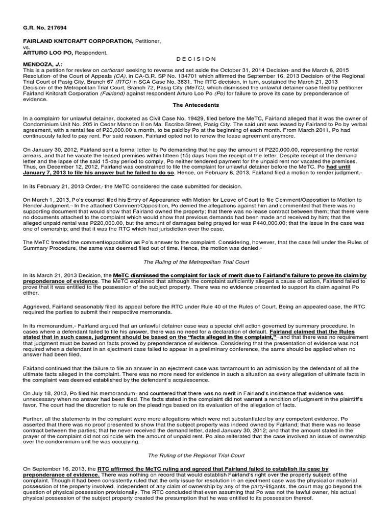 Motion To Render Judgment Jurisprudence | PDF | Complaint | Eviction