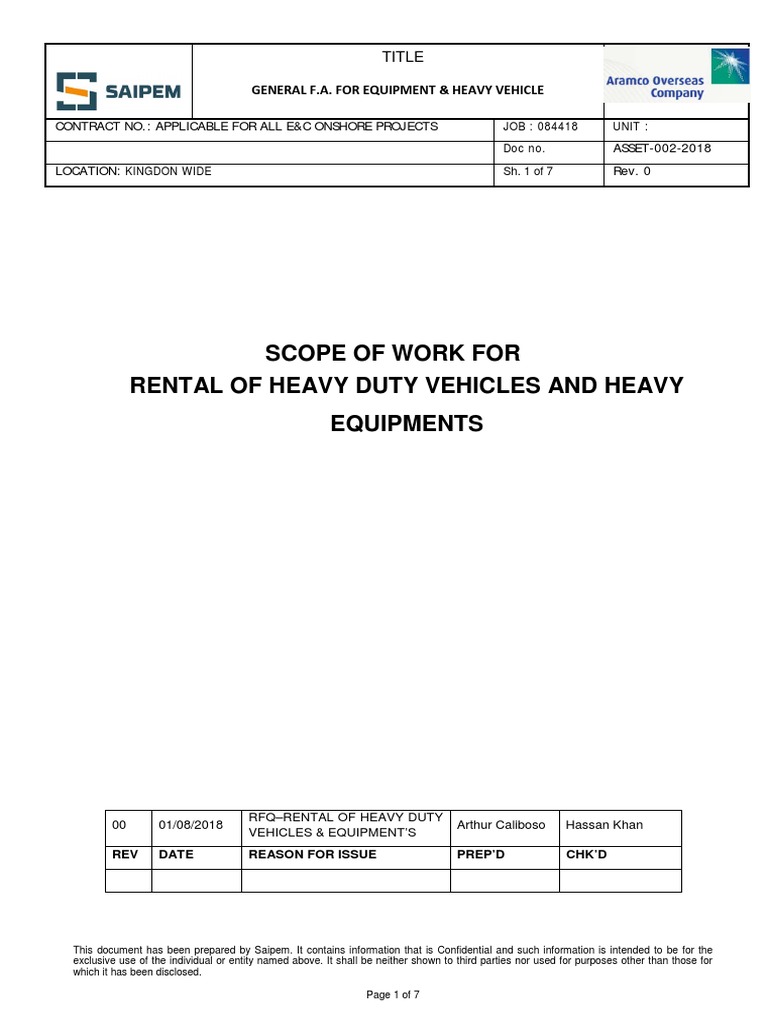 Sow - Rental of HV Vehicles and Heavy Equipments | PDF | Driver's ...