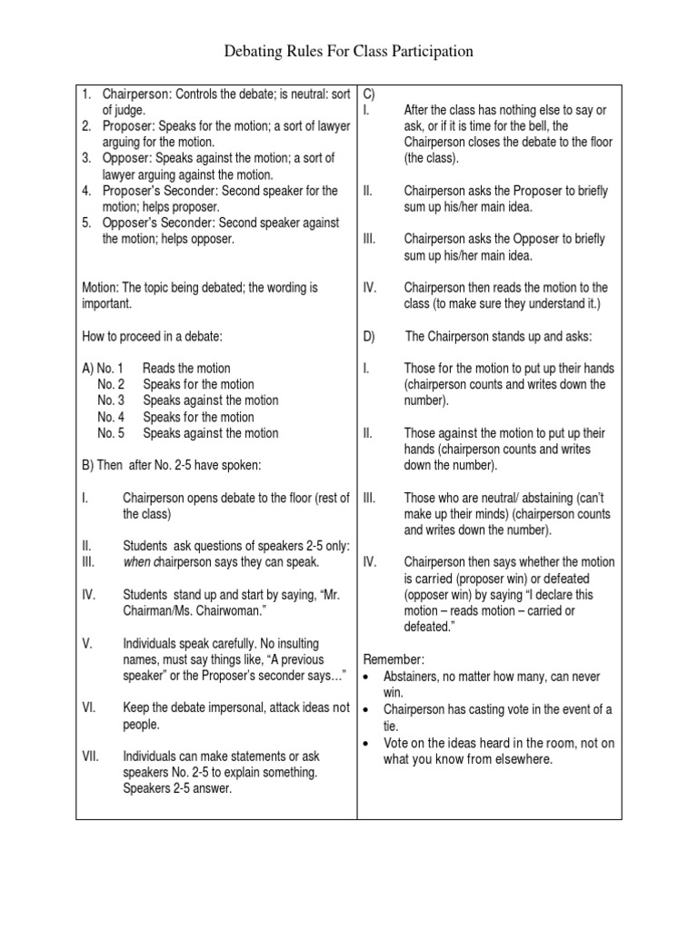 Class Debate Participation Guidelines | PDF | Chairman | Public Sphere