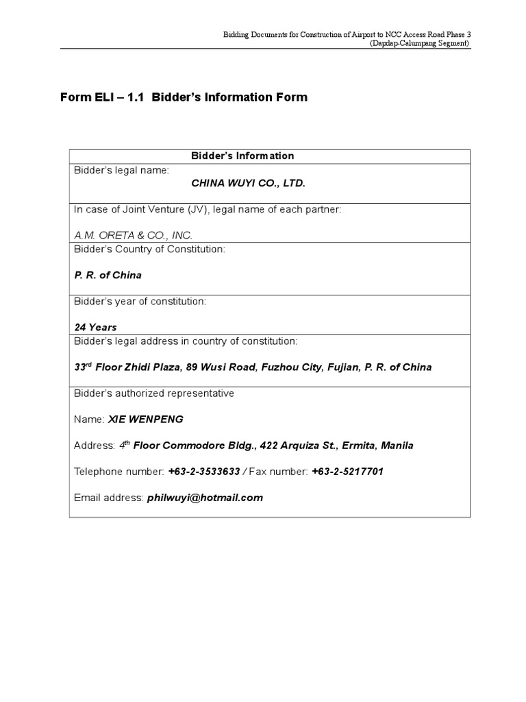 Form ELI - 1.1 Bidder's Information Form: China Wuyi Co., LTD | PDF | Joint Venture | Financial ...
