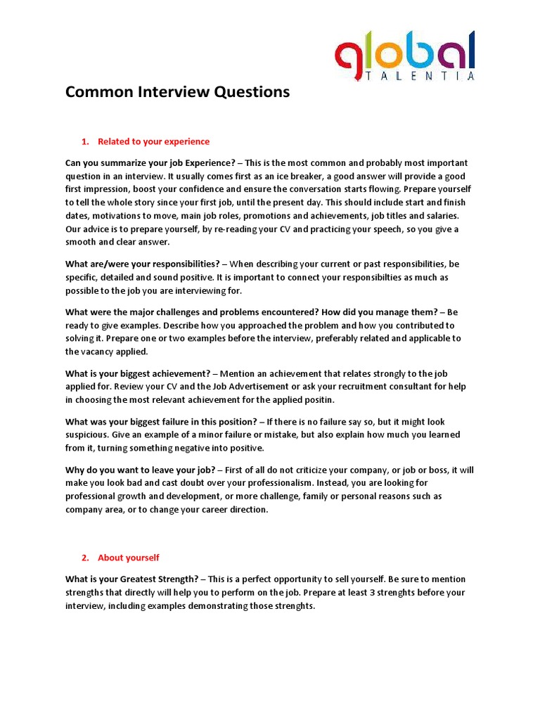 Common Interview Questions: 1. Related To Your Experience | Download ...