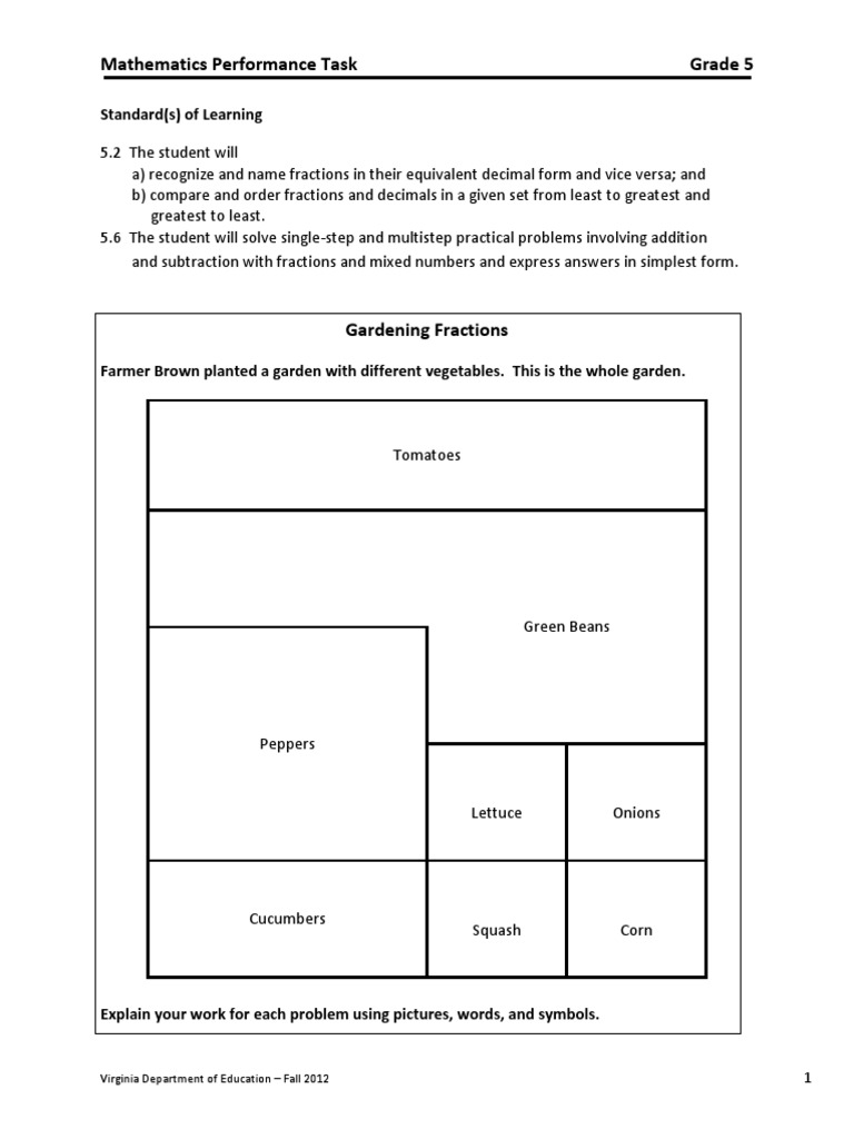 Mathematics Performance Task Grade 5: Standard(s) of Learning | PDF