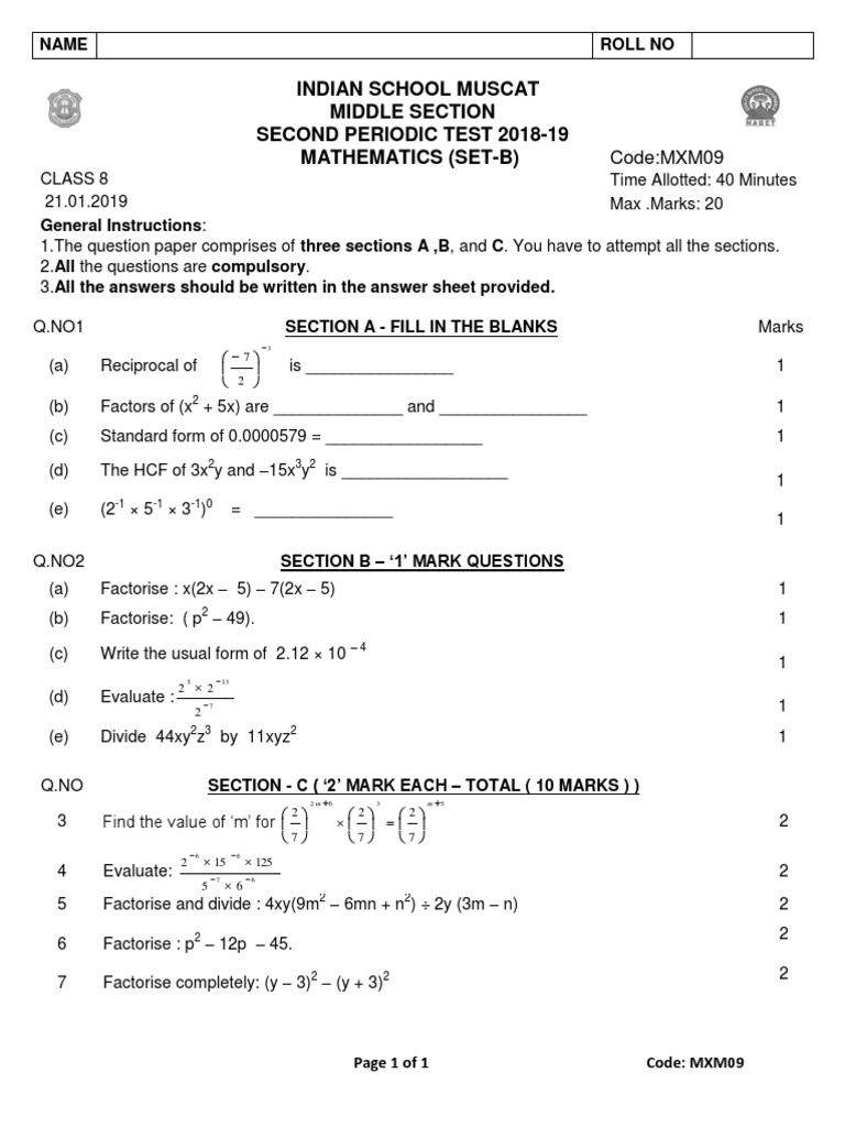 Class 8 - Mathematics - Set B - Question Paper | PDF | Teaching ...