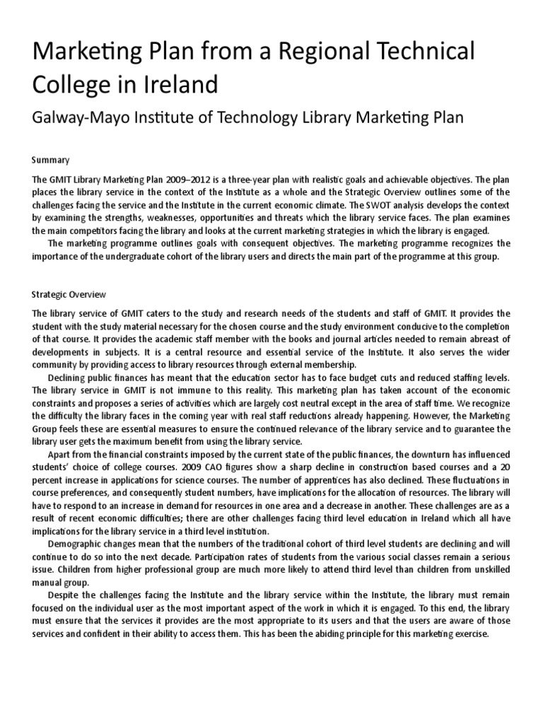 GMIT Library Marketing Plan 2009-2012 | PDF | Libraries | Swot Analysis