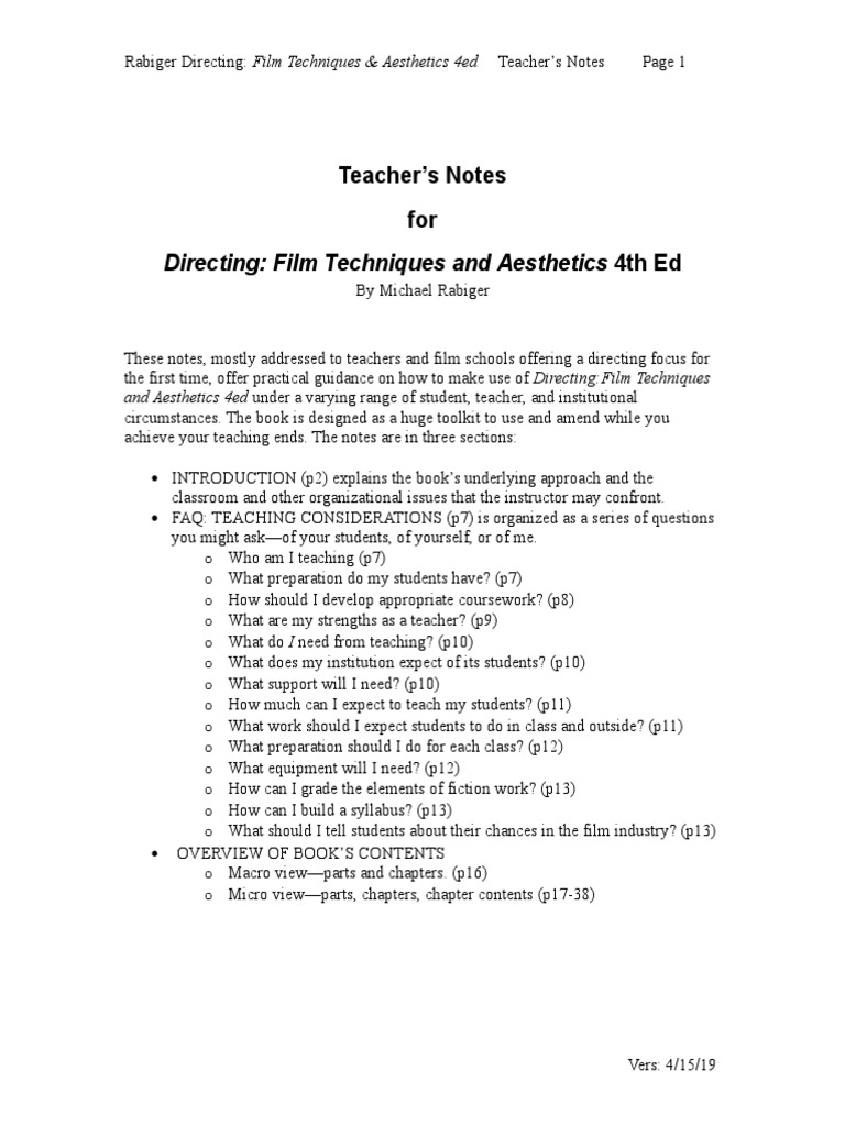 Directing: Film Techniques and Aesthetics 4th Ed: Teacher's Notes For ...