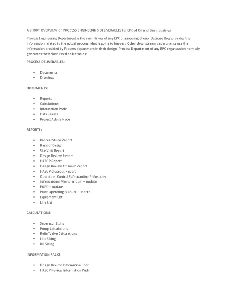 Process Engineering Deliverables Guide | PDF