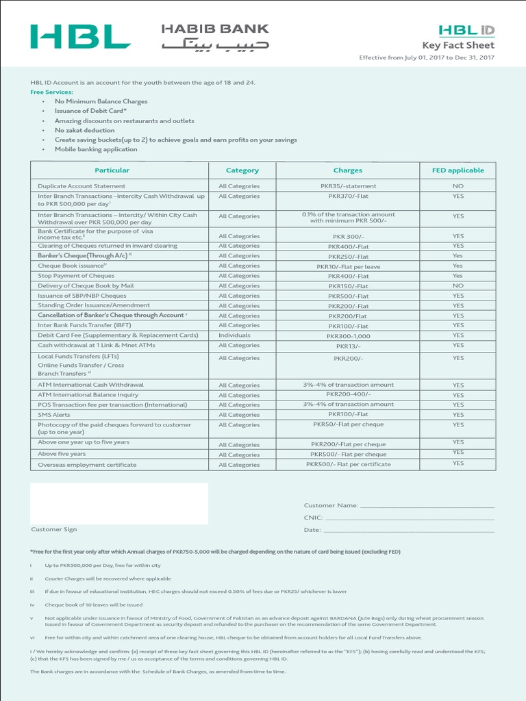 Key Fact Sheet (HBL ID) - July 2017 | PDF | Cheque | Financial Transaction