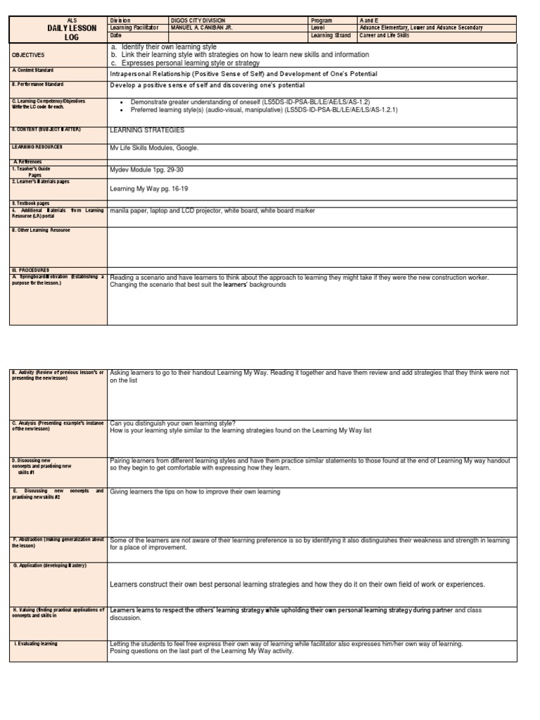 ALS DLL Activity 8 | Learning Styles | Learning
