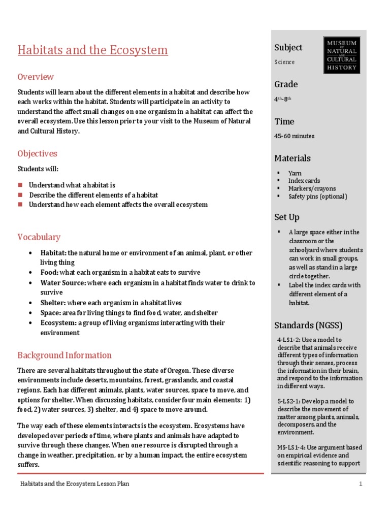 Habitats and The Ecosystem Lesson Plan | PDF | Habitat | Natural ...
