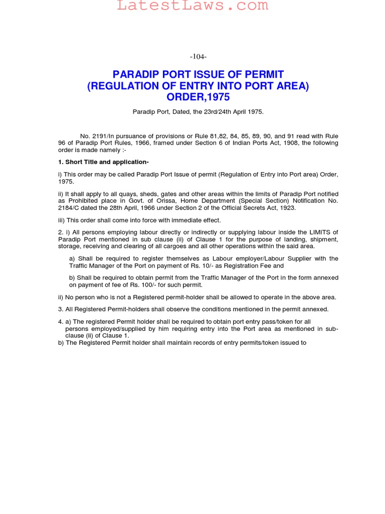 Paradip Port Issue of Permit (Regulation of Entry Into Port Area) Order ...