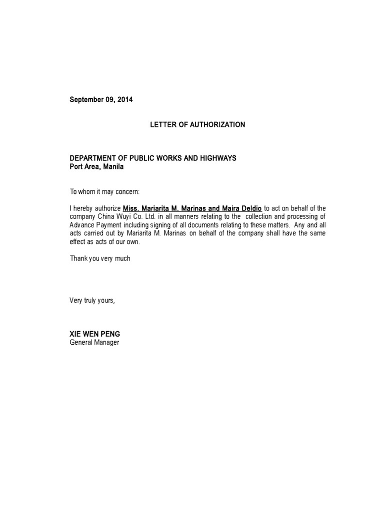 Authorization Letter DPWH | PDF