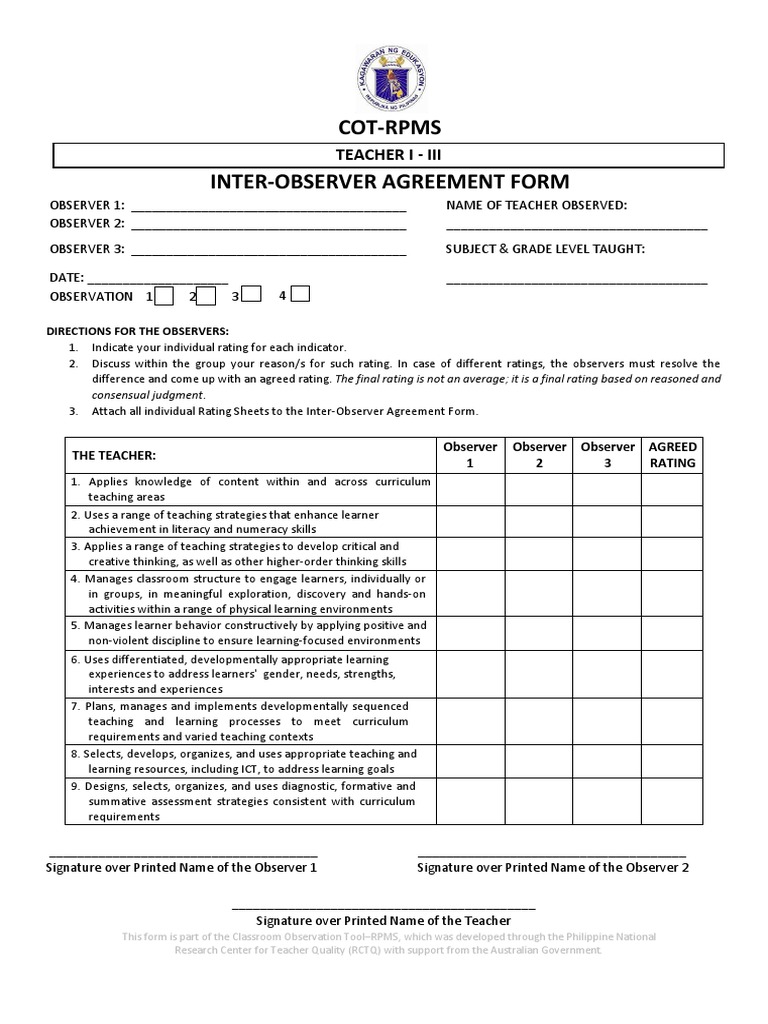 Inter Observer Agreement Form Teacher I III 051018 | PDF | Curriculum ...