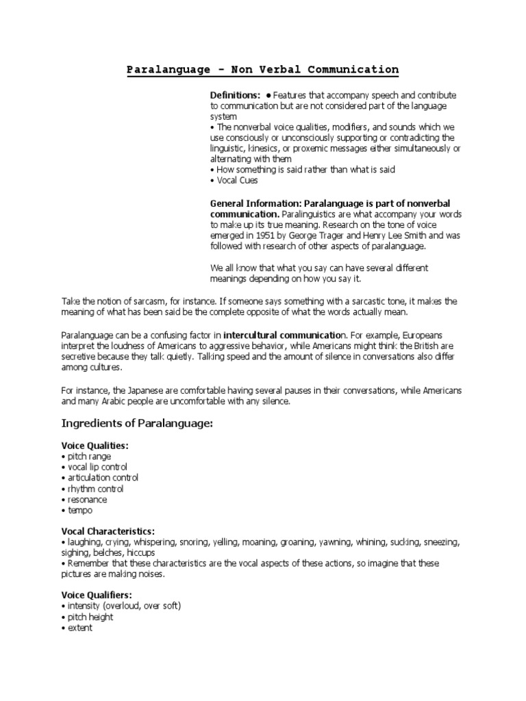 Paralanguage - Non Verbal Communication: Definitions: - Features That ...