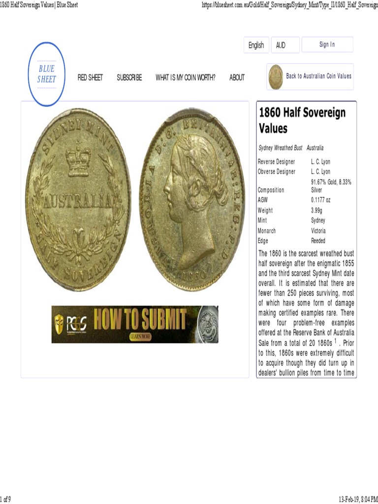 1860 Half Sovereign Values - Blue Sheet | PDF | Coins | Numismatics