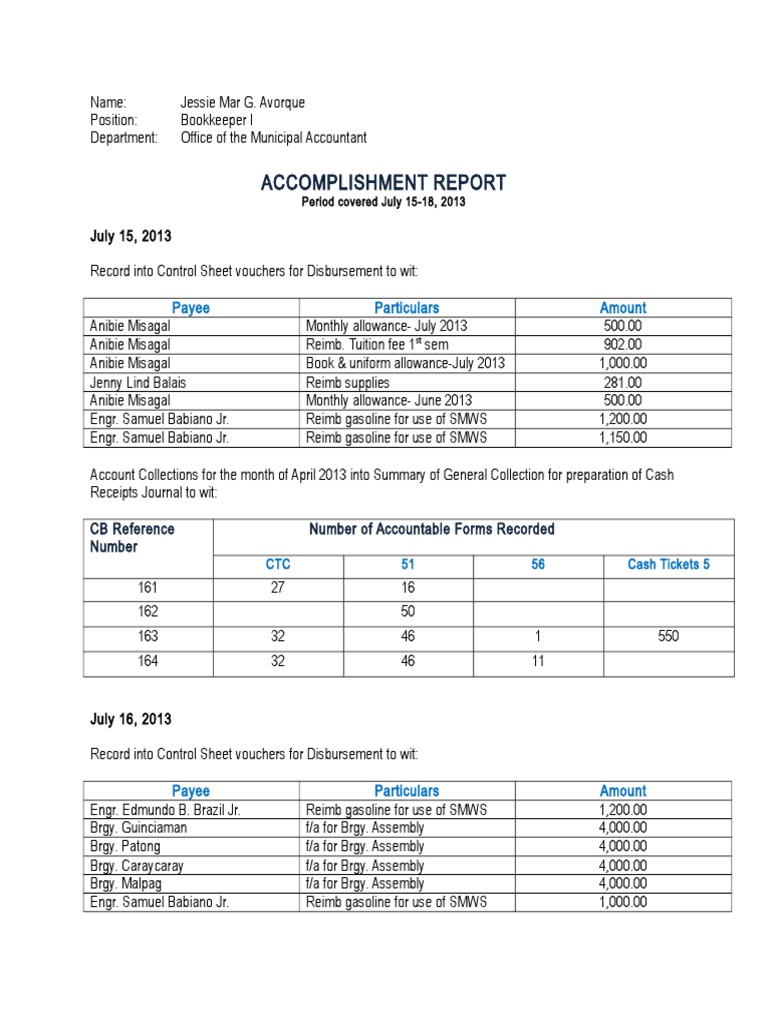 Monthly Accomplishment Report: July 2013 | PDF | Bookkeeping ...