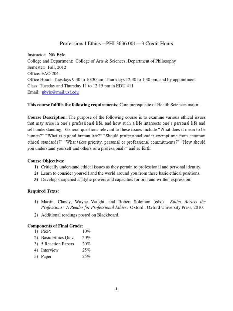 Professional Ethics Syllabus | PDF | Thesis | Plagiarism