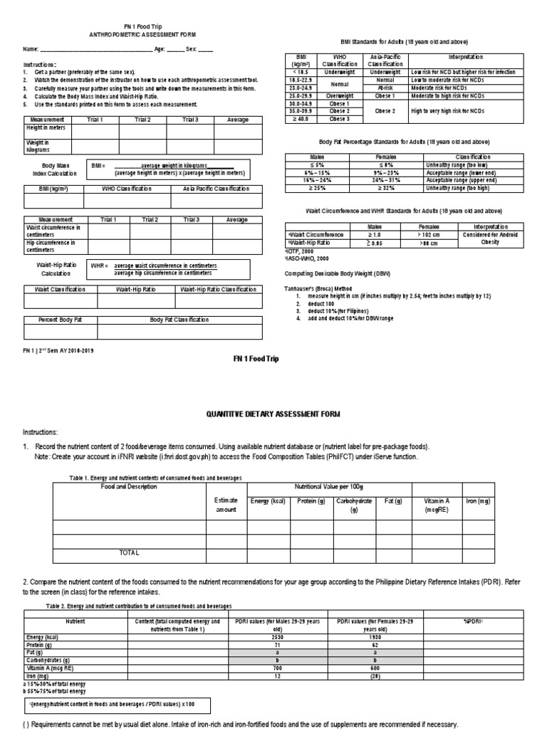 FN 1 Nutrition Clinic Assessment Form A.Y. 2018-2019 2nd Semester | PDF ...