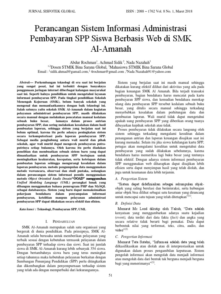 Perancangan Sistem Informasi Administrasi Pembayaran SPP Siswa Berbasis Web Di SMK Al-Amanah | PDF