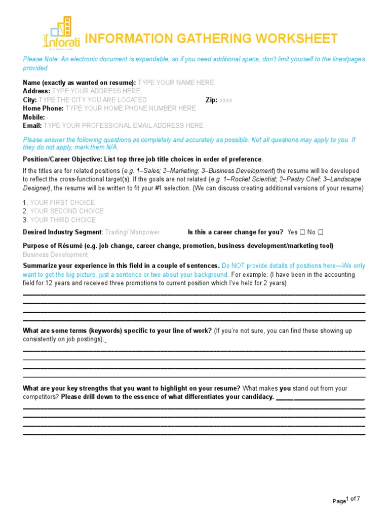 Info Gathering Worksheet 092014 Update | PDF | Résumé | Employment
