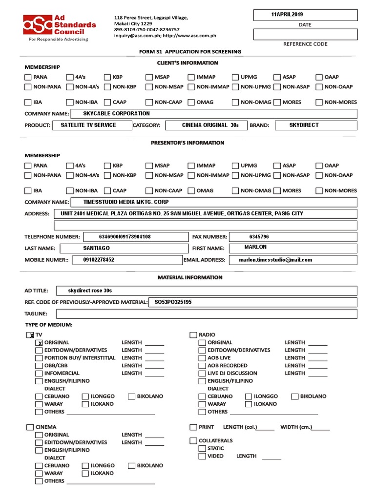 Form S1 Application For Screening Membership: Client'S Information ...